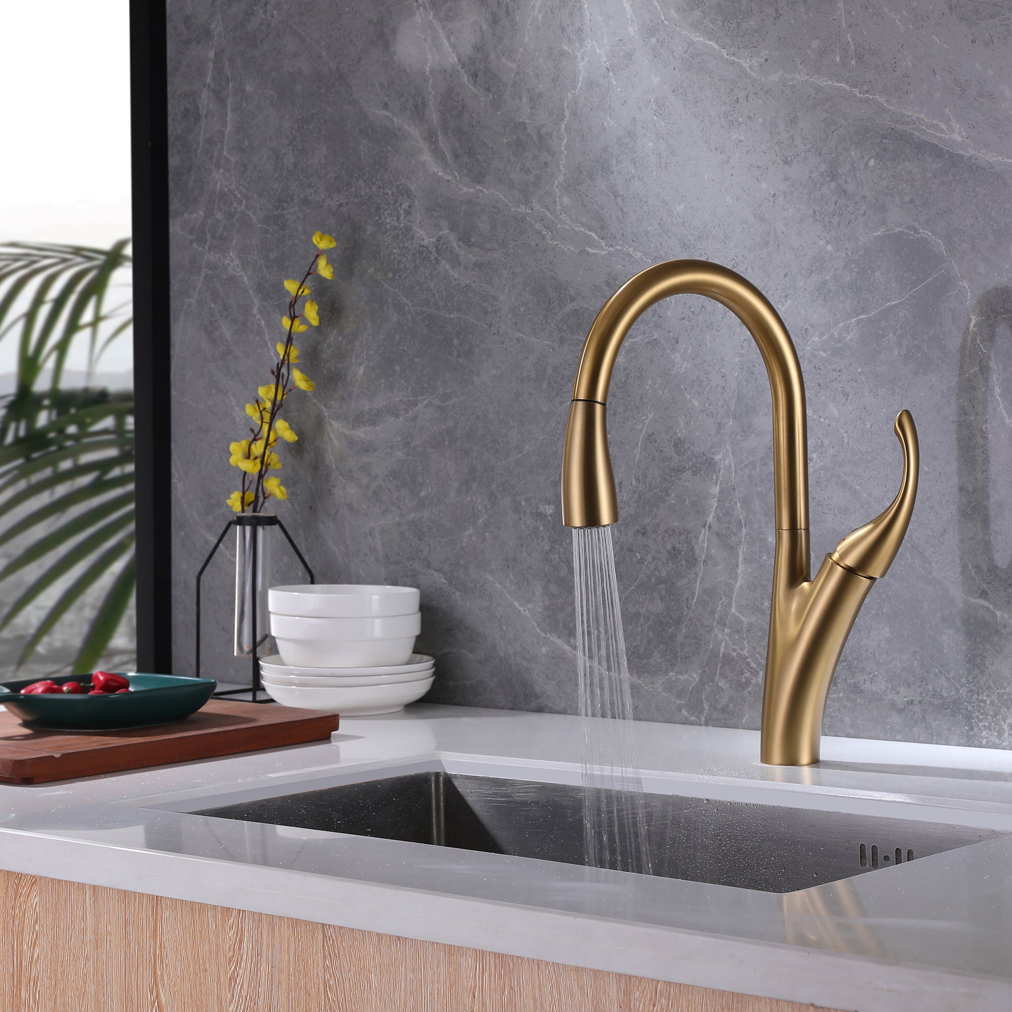 Brushed Gold Kitchen Faucet – Dual-Function Pull-Out with Swivel Spout ...
