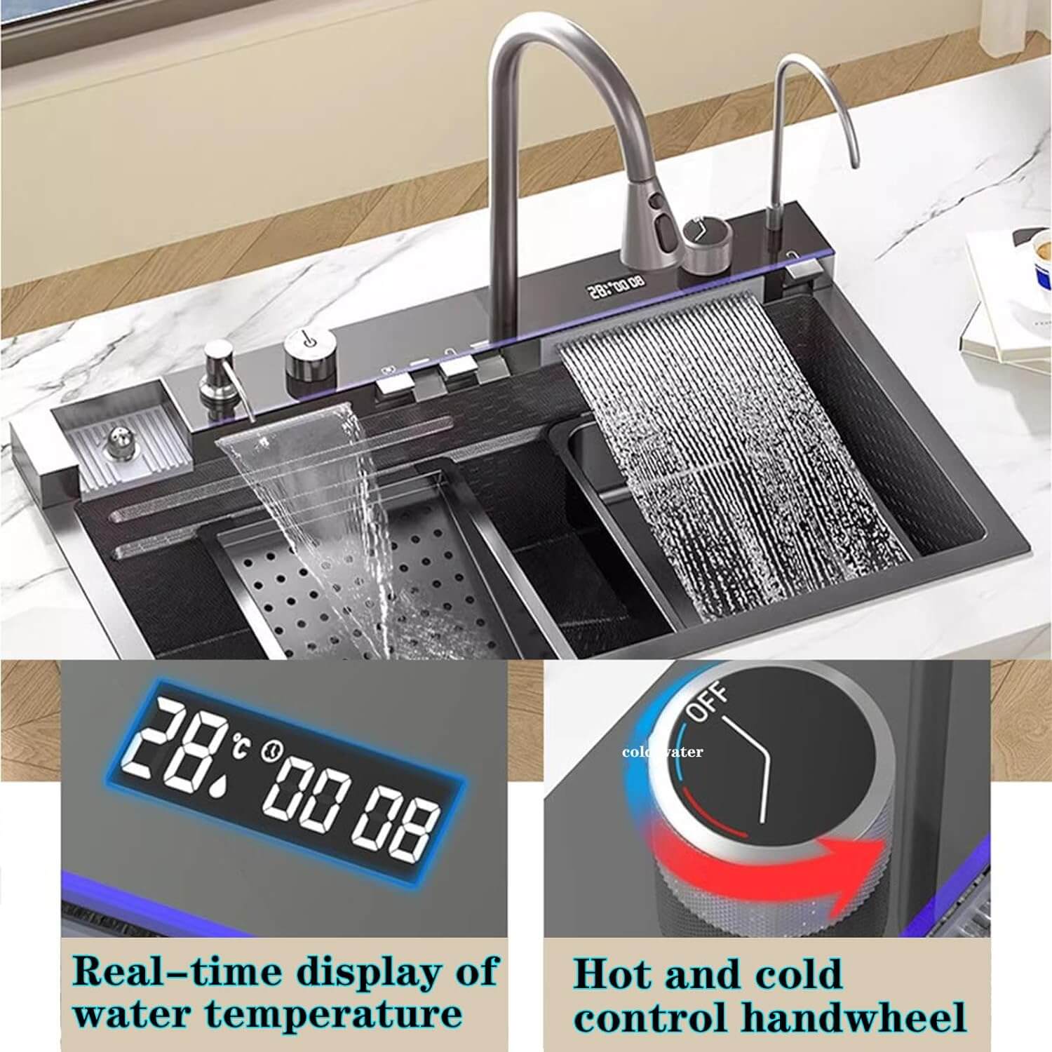 Adjustable LED Sink Faucet with Touch Control & Temperature Display ...