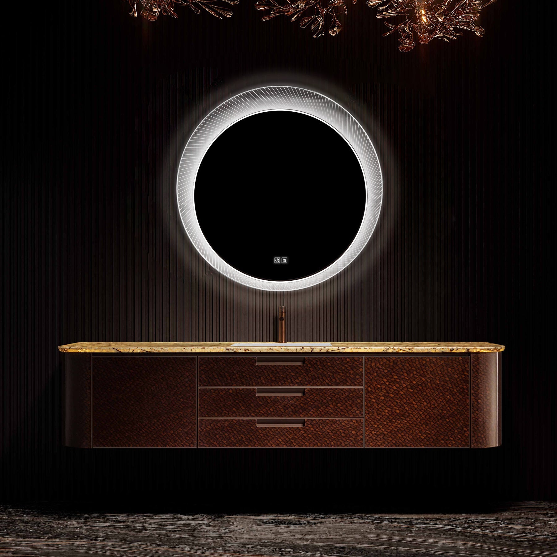 Custom Bathroom Vanity with Silver Marble Top and Ambient Lighting ...