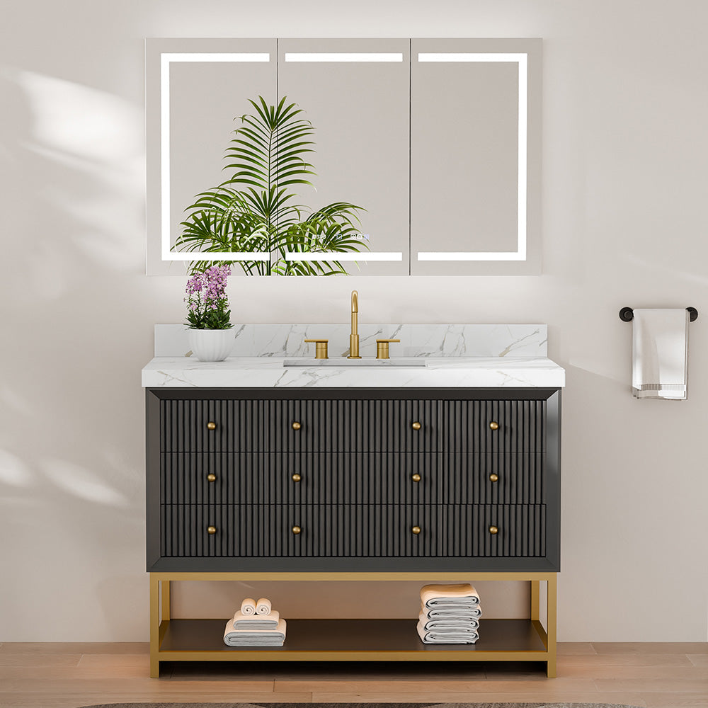 48-In Fluted Solid Wood Bathroom Vanity, PU Lacquer, Half-Frame Steel ...