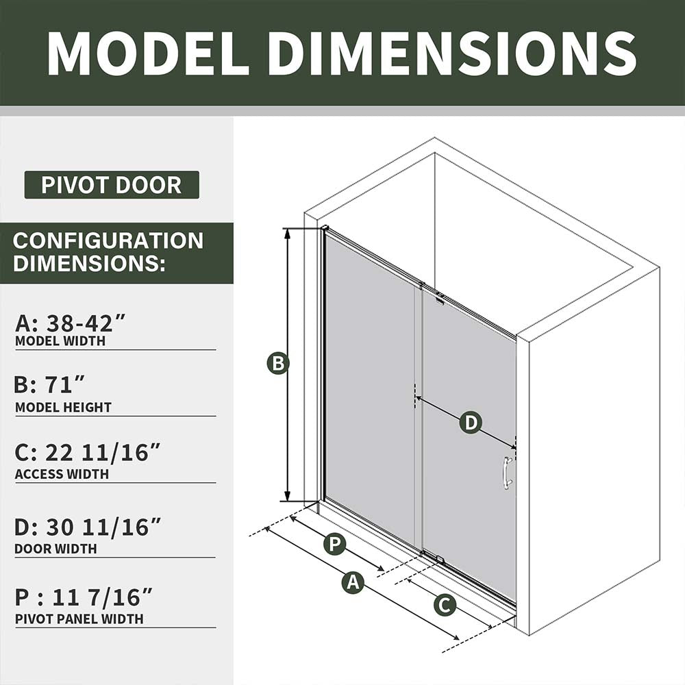 38-42" W X 71" Pivot Swing Modern Semi-Frameless Sliding Shower Door ...